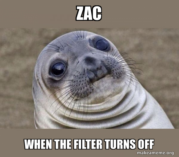 Zac when the filter turns off - Squeamish Seal Meme Generator