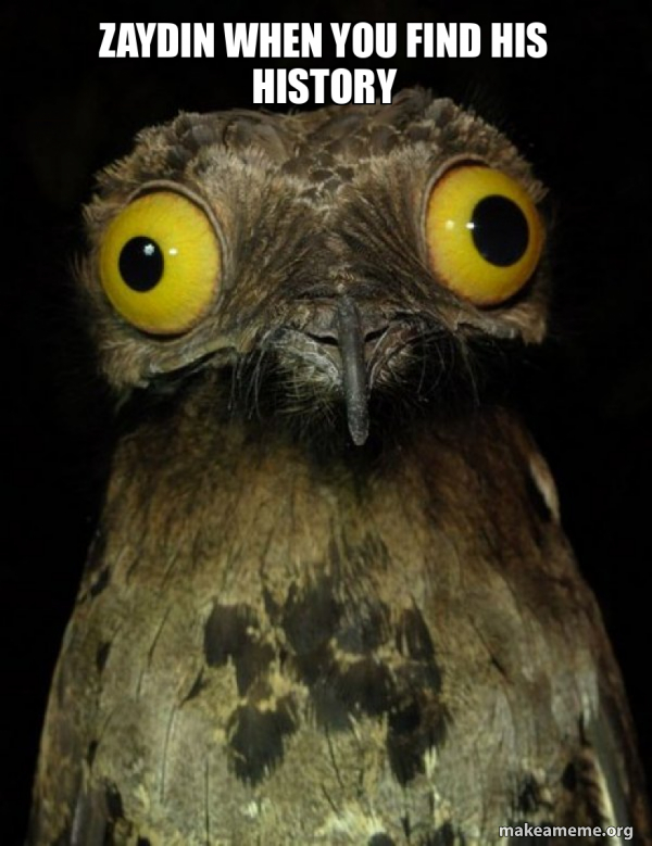 zaydin when you find his history - Weird Stuff I do Potoo Meme Generator